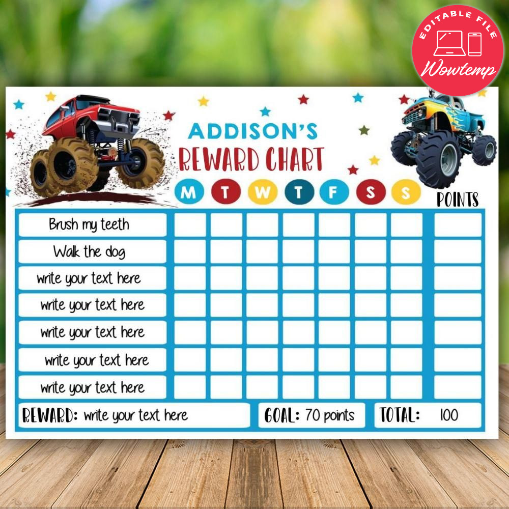 Printable Monster Truck Reward Chart Instant Download | Wowtemp