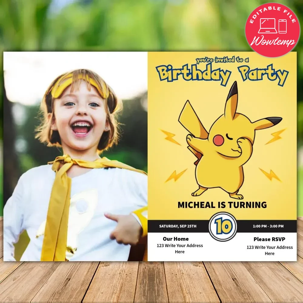 Printable Pokemon Pikachu Birthday Flyer With Photo DIY | Wowtemp