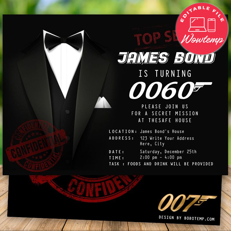 Printable James Bond Surprise 60th Birthday Invitation for Man | Wowtemp