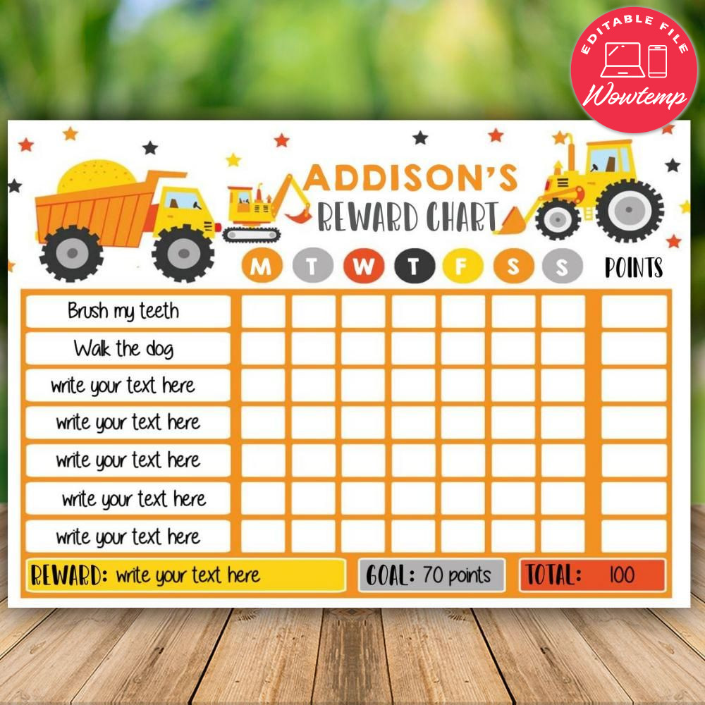 Printable Construction Reward Chart Instant Download | Wowtemp