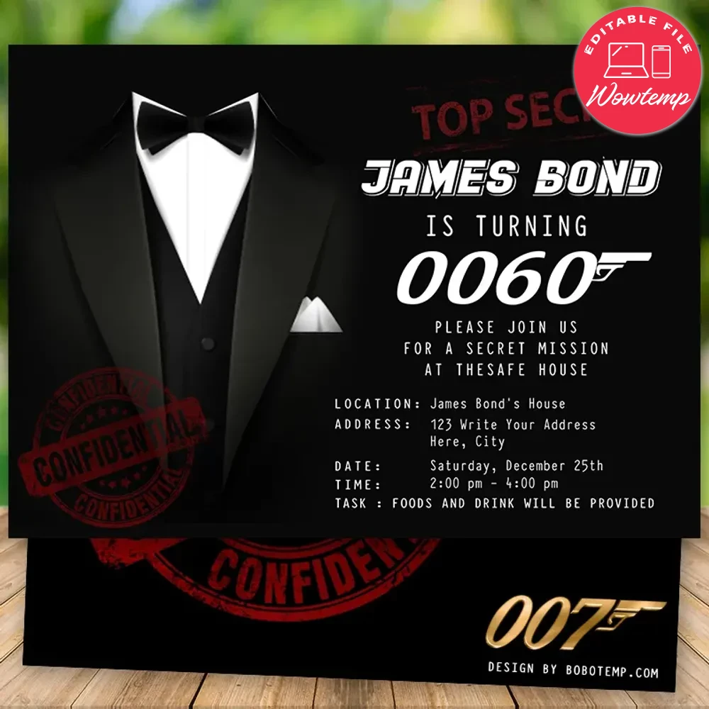 Printable James Bond Surprise 60th Birthday Flyer for Man | Wowtemp