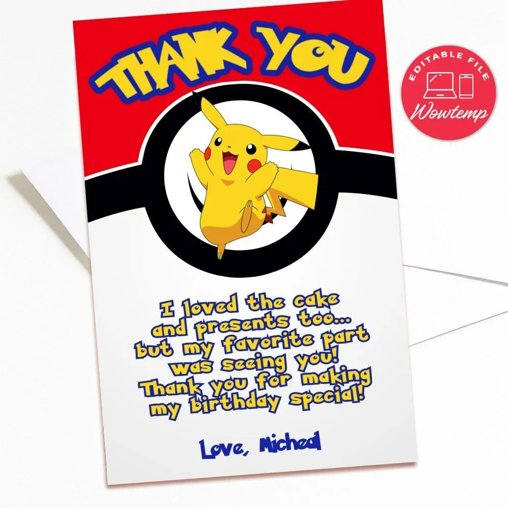 Pokemon Pikachu Thank you card Template to Print at Home | Wowtemp