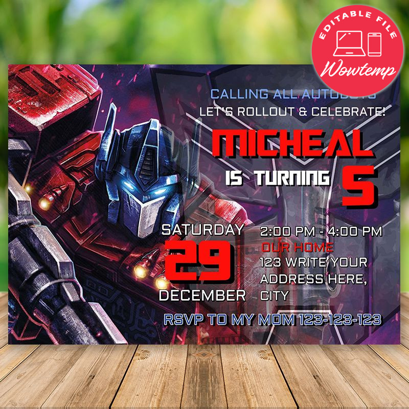 Editable Transformers OPTIMUS PRIME Birthday Invitations DIY | Wowtemp