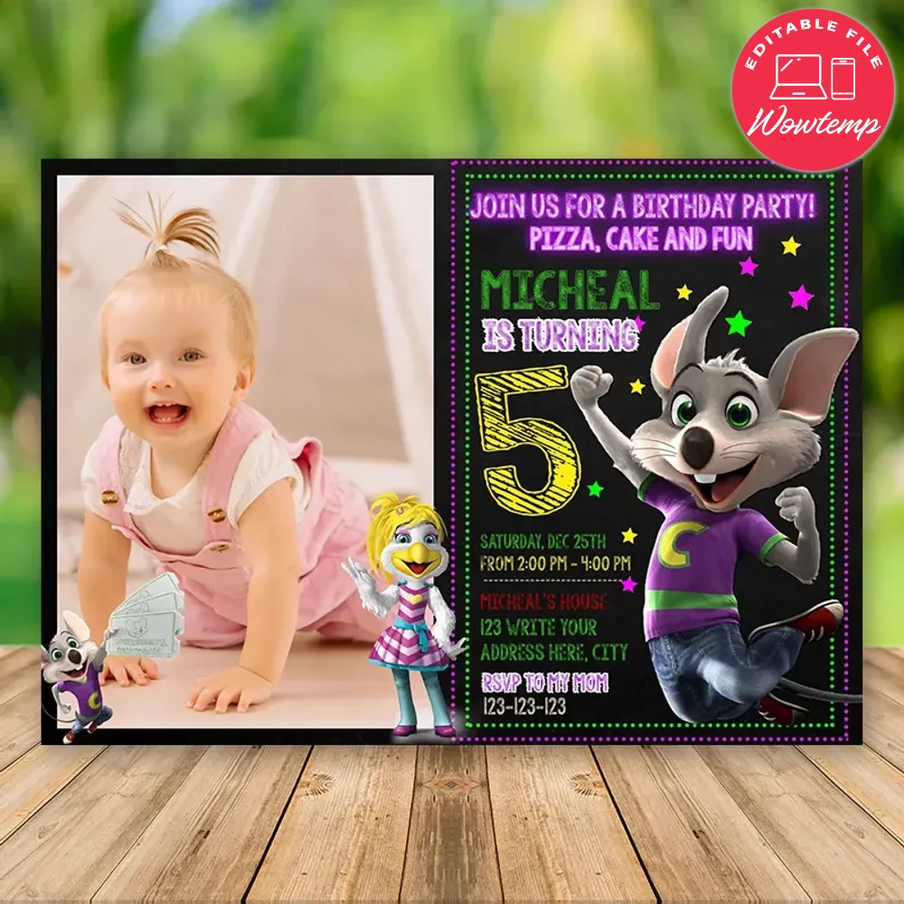Editable Chuck E Cheese Invitation With Photo Instant Download | Wowtemp