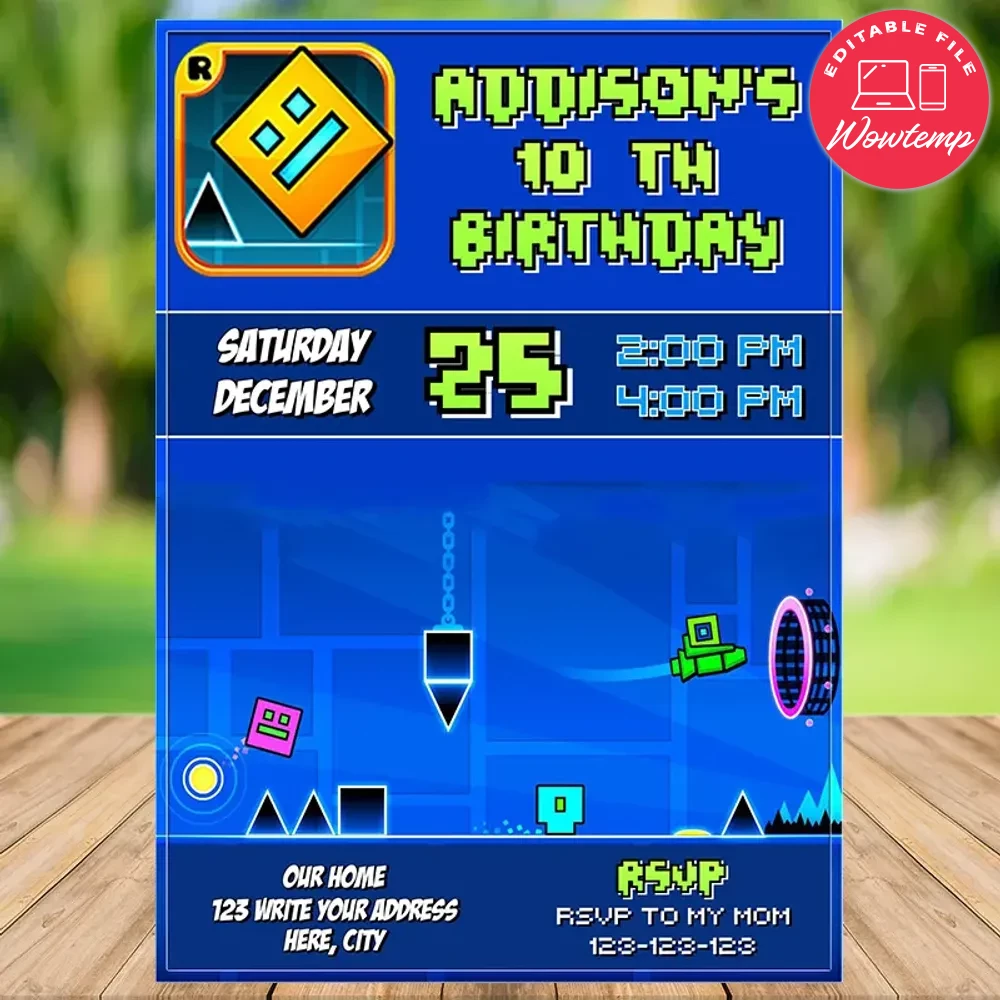 Editable Geometry Dash Birthday Invitations Instant Download | Wowtemp