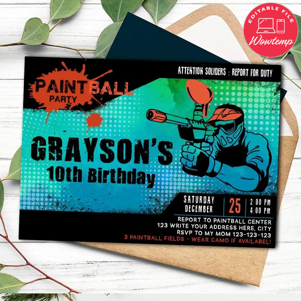 Printable Airsoft Paintball Birthday Flyer Instant Download | Wowtemp