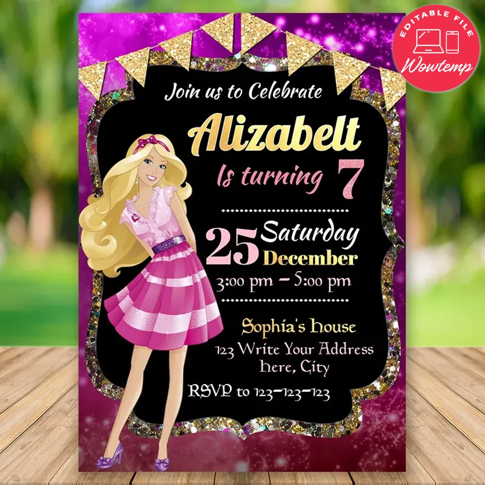 Editable Barbie Birthday Invitations Instant Download | Wowtemp