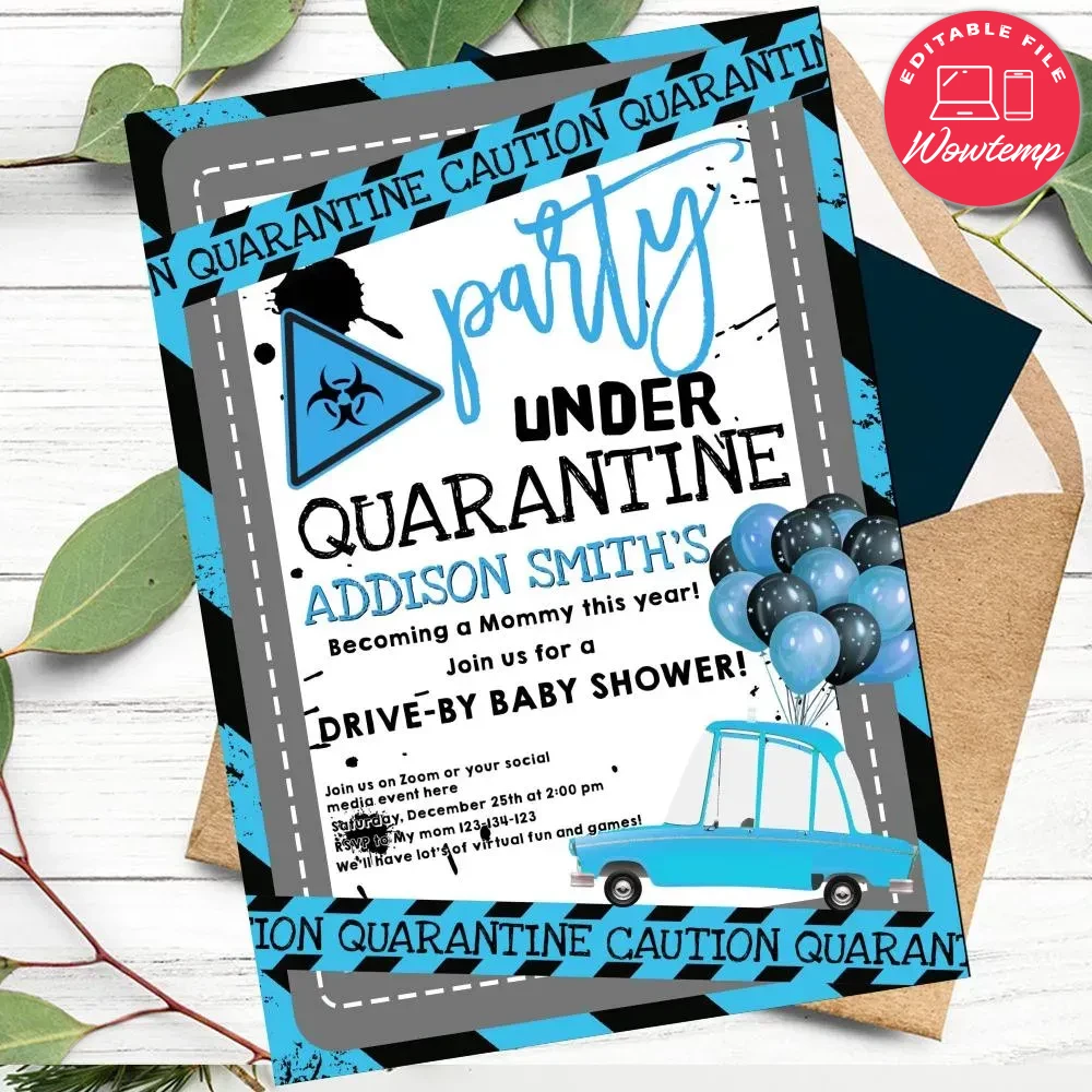 Printable Boy Party Under Quarantine Baby Shower Invitation DIY | Wowtemp