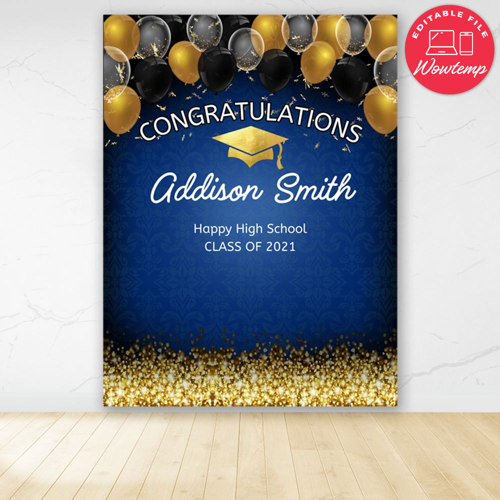 College Graduation Royal Blue and Yellow Backdrop Digital File | Wowtemp