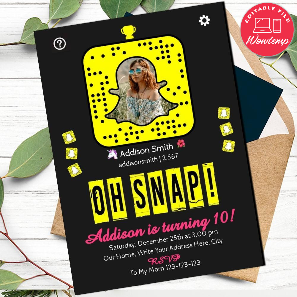 Snap Chat Invitation Template to print at home Instant Download | Wowtemp