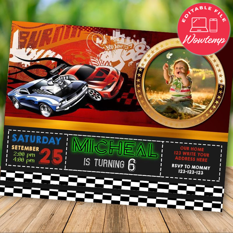 Editable Hot Wheels Birthday Invitation With Photo Digital File | Wowtemp