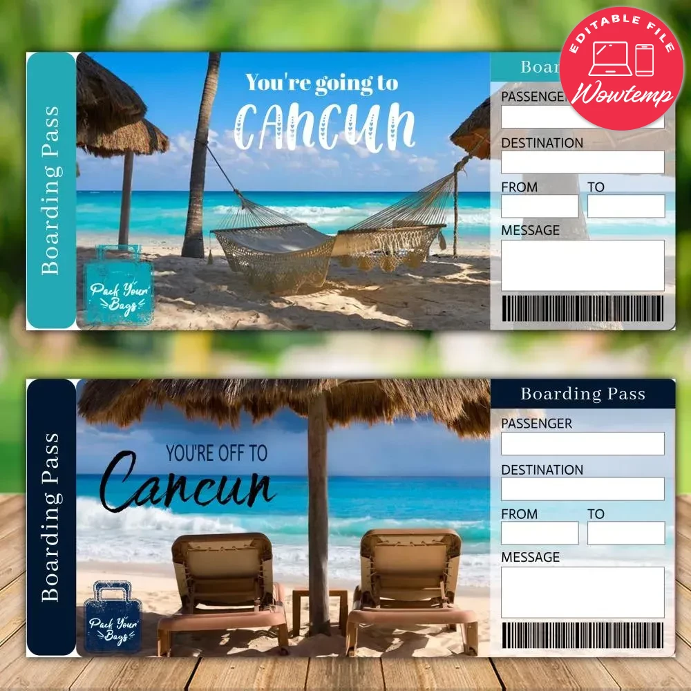 Editable CANCUN Surprise Gift Ticket Instant Download | Wowtemp