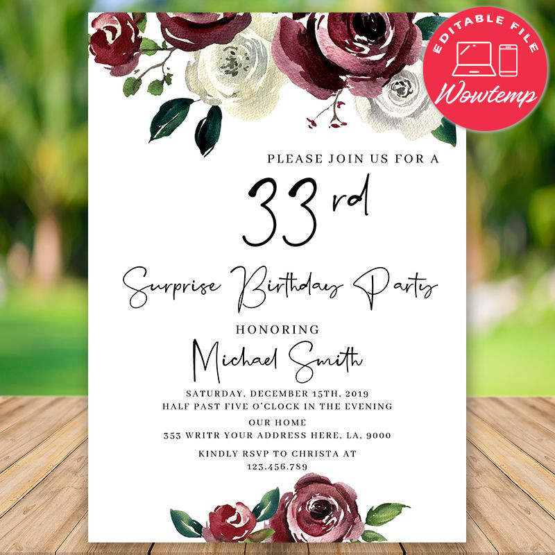 Editable Surprise 33rd Women Birthday Invitation Instant Download | Wowtemp