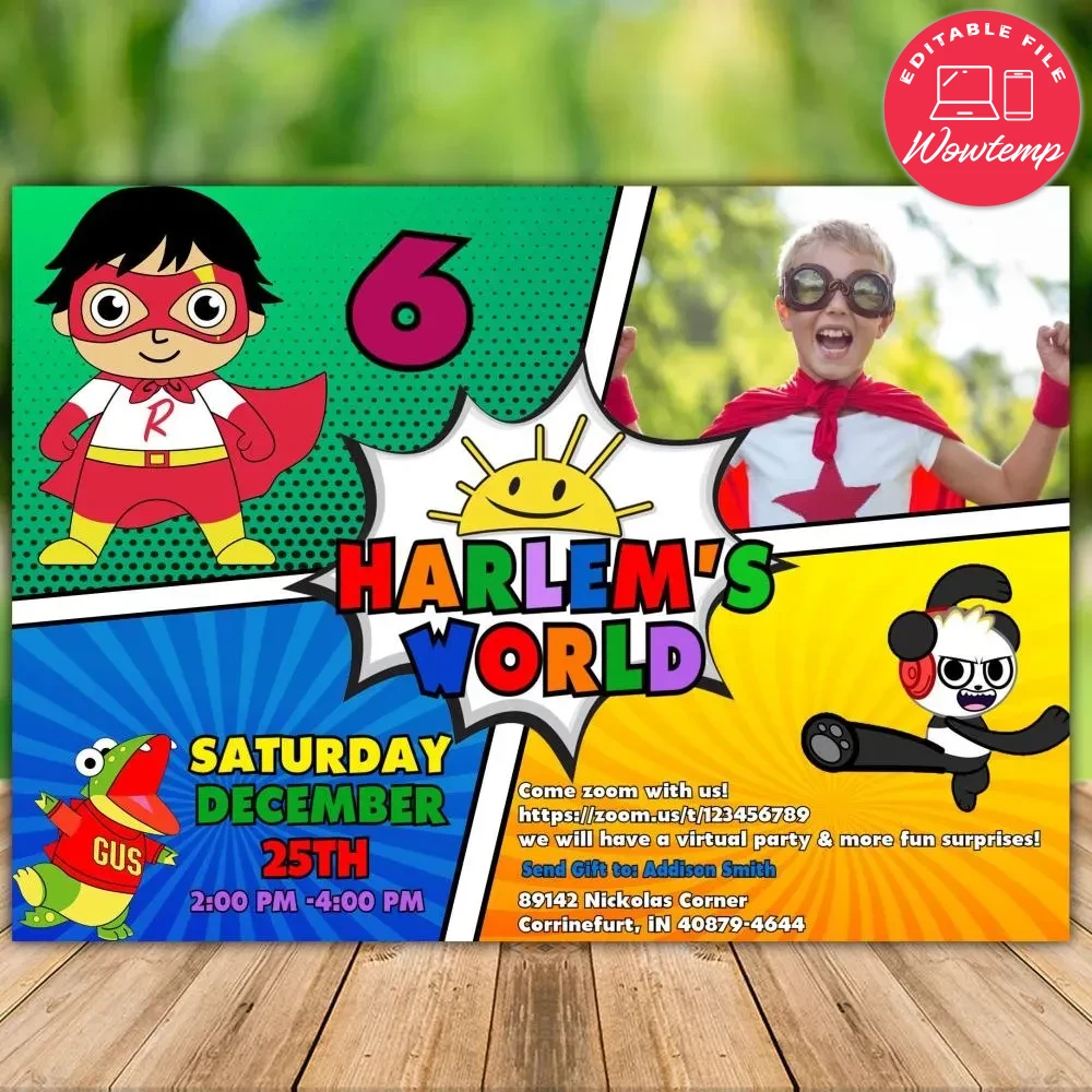 Printable Ryan's World Virtual Party Invitation Template DIY | Wowtemp