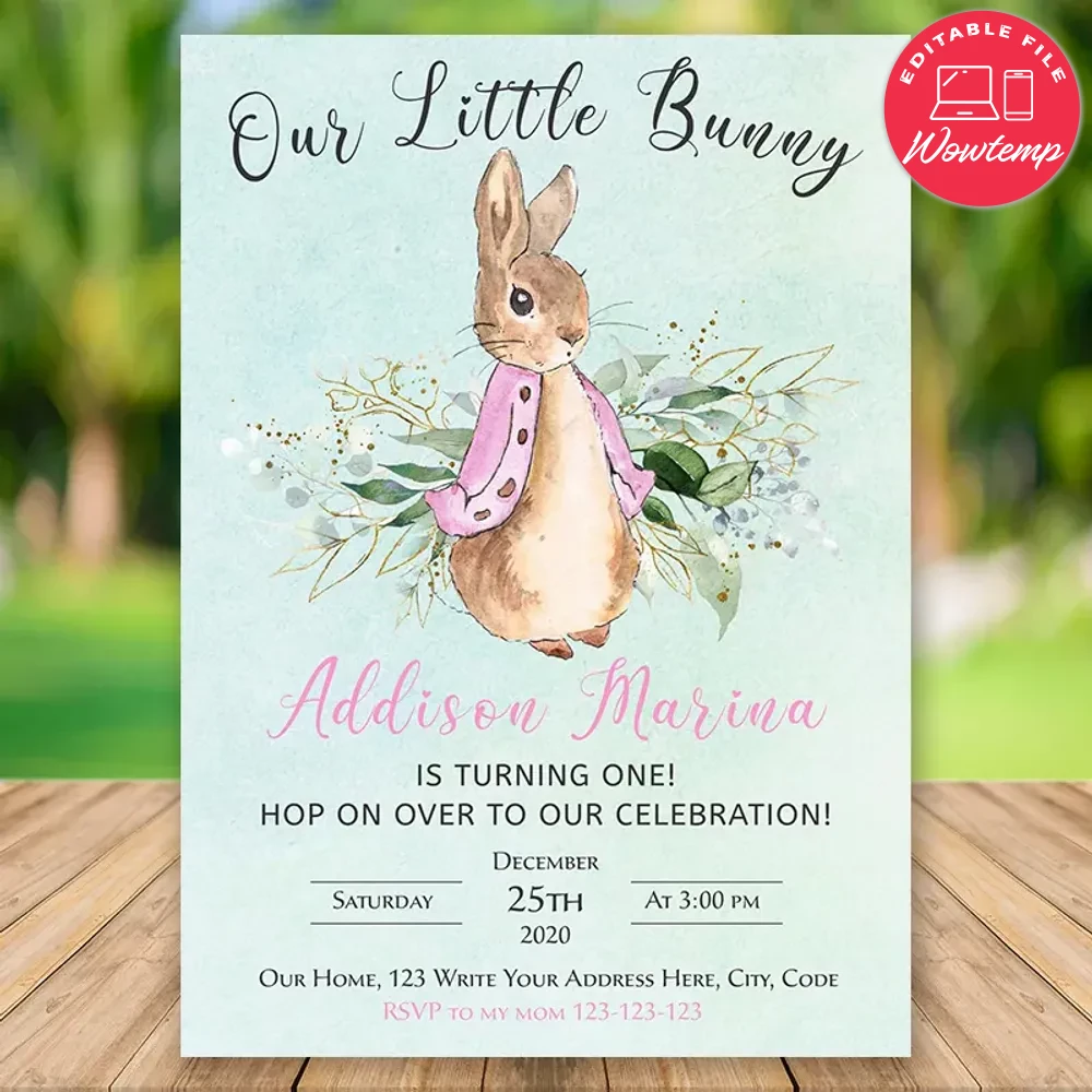 Editable Peter Rabbit Birthday Invitations For Girl DIY | Wowtemp