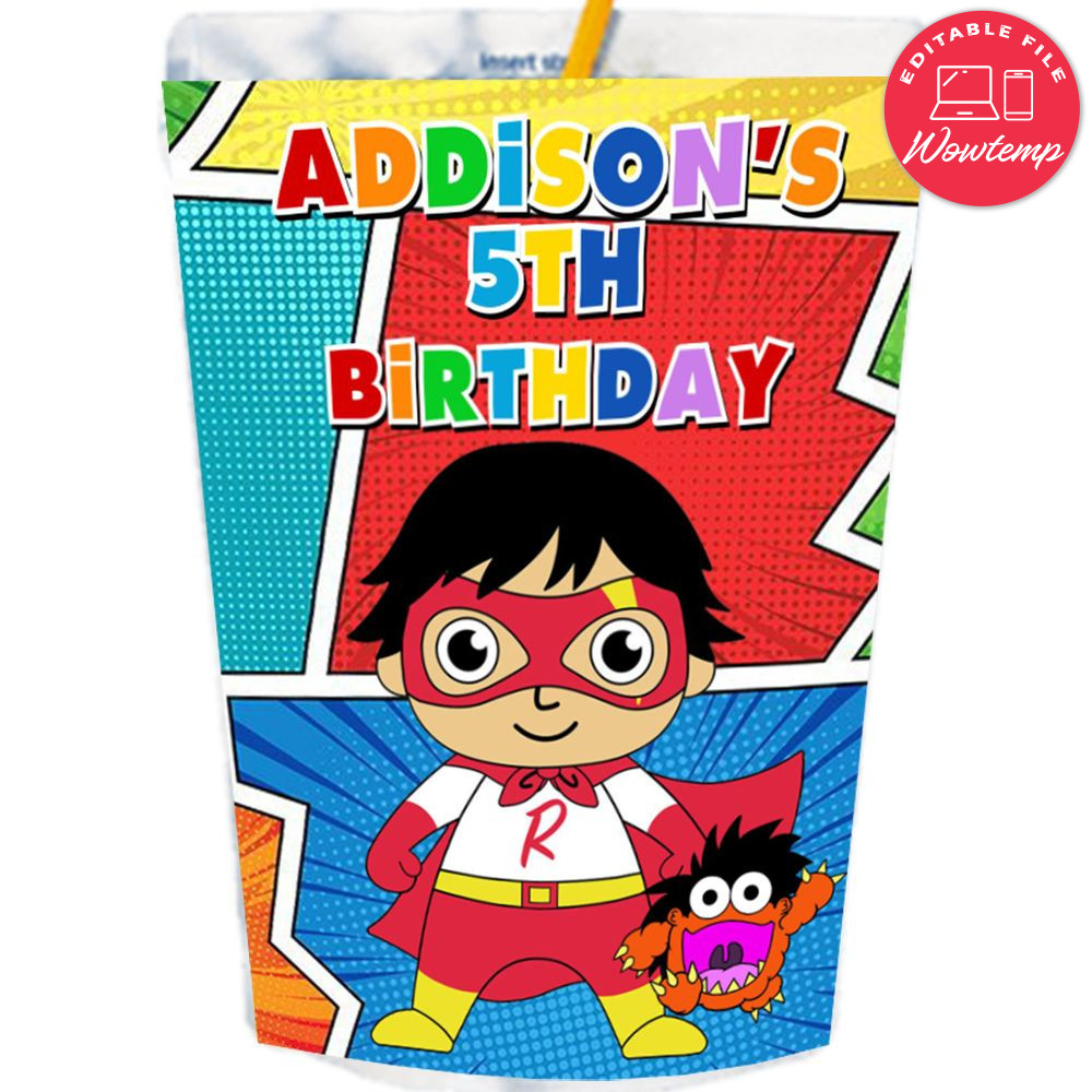 Ryan's World Capri Sun Birthday Labels Digital File Printable | Wowtemp