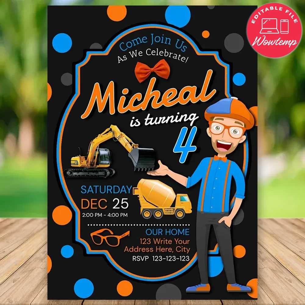 Editable Blippi Birthday Party Invitation Digital File | Wowtemp