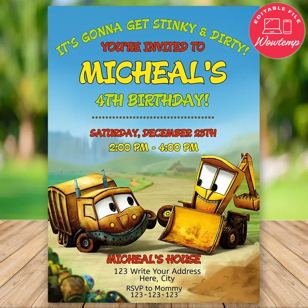 Editable The Stinky and Dirty Show Birthday Invitations DIY | Wowtemp