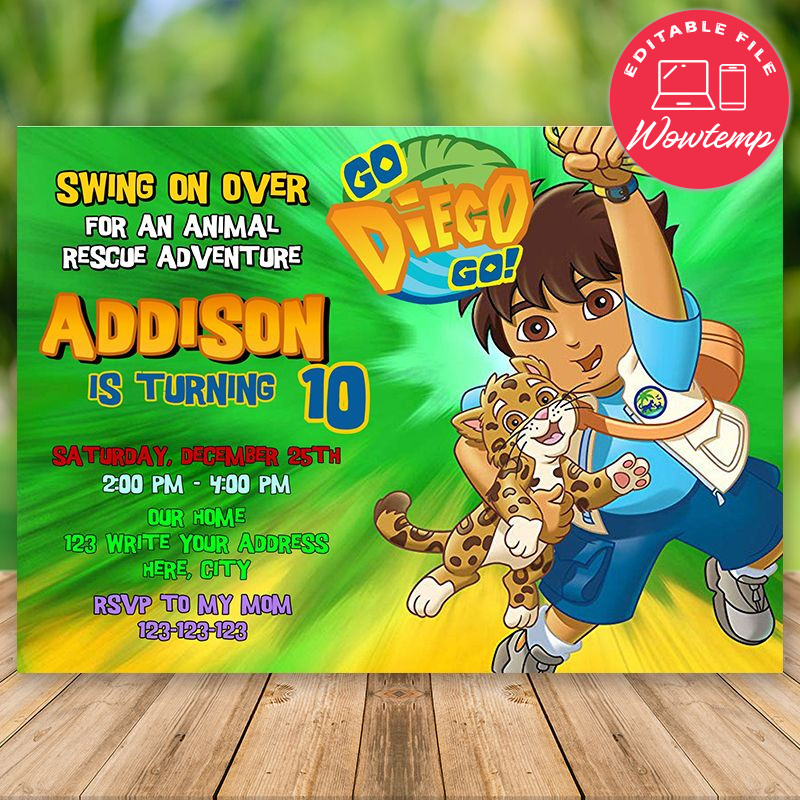 Editable Go Diego Go Birthday Invitation Instant Download | Wowtemp
