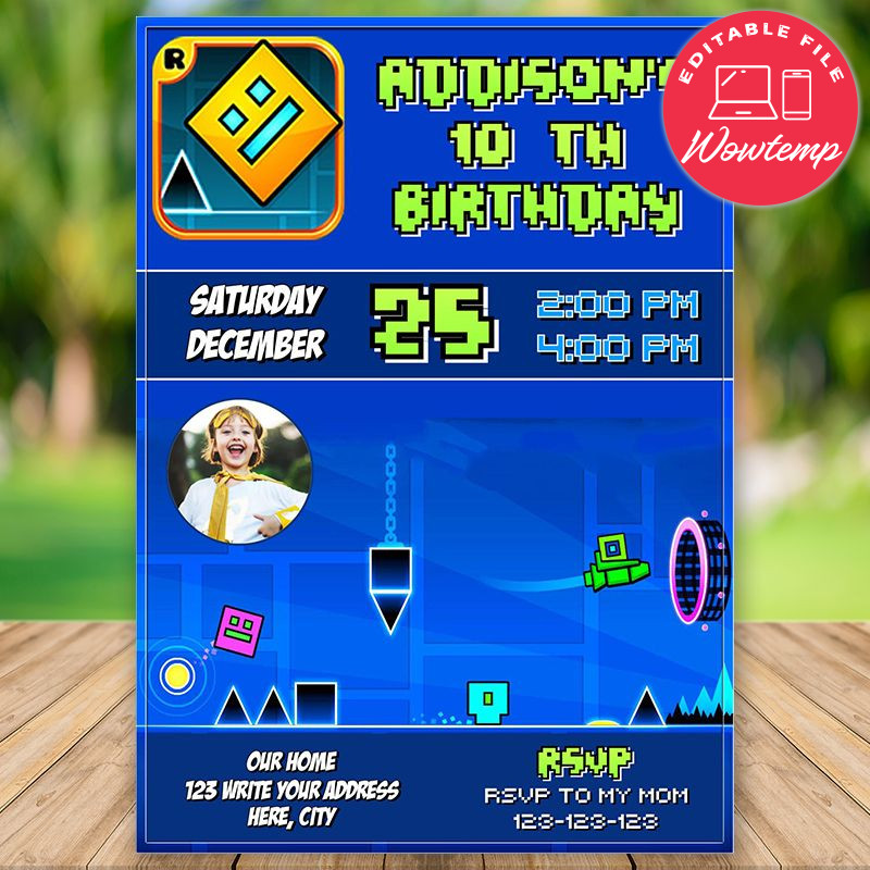 Editable Geometry Dash Birthday Invitations With Photo DIY | Wowtemp