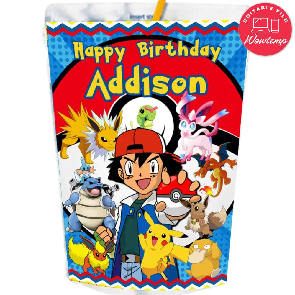 Pokemon Capri Sun Birthday Labels Digital File Printable | Wowtemp