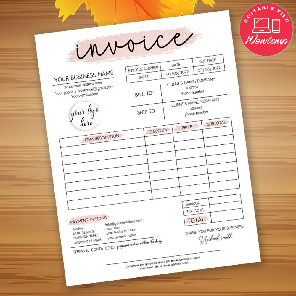 Rose Gold Invoice Billing Form Customizable Template DIY | Wowtemp
