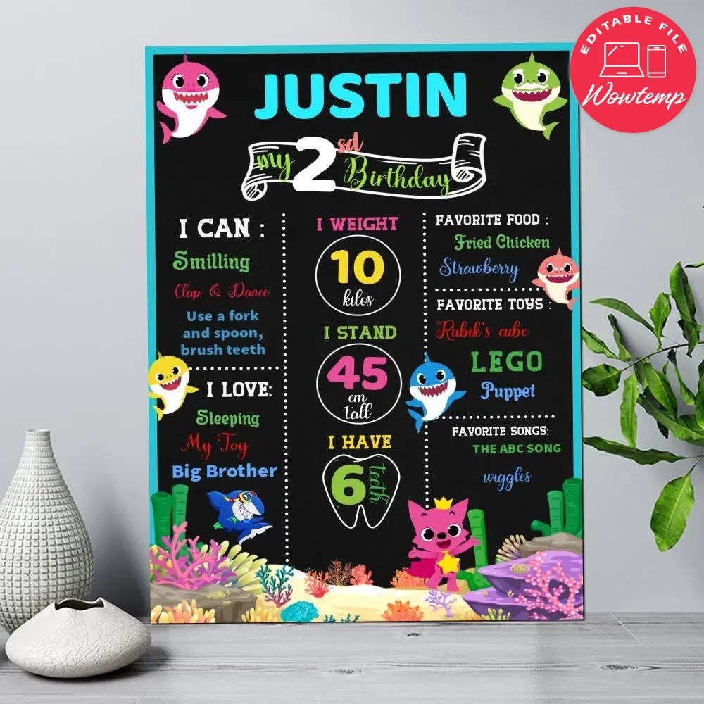 Baby Shark Birthday Milestone board Customizable Template DIY | Wowtemp