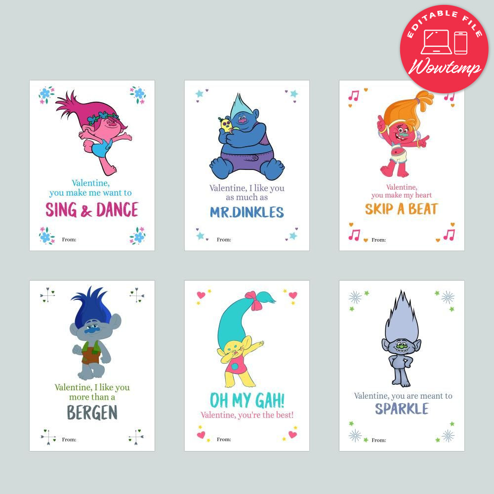 Trolls Kids Valentine Cards Printable Customizable Template DIY | Wowtemp