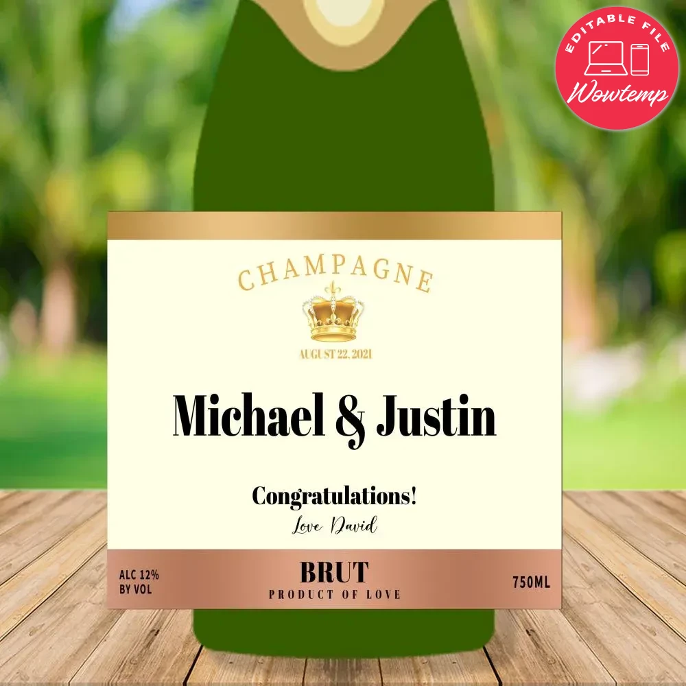 Champagne Wedding Label Customizable Template Instant Download | Wowtemp