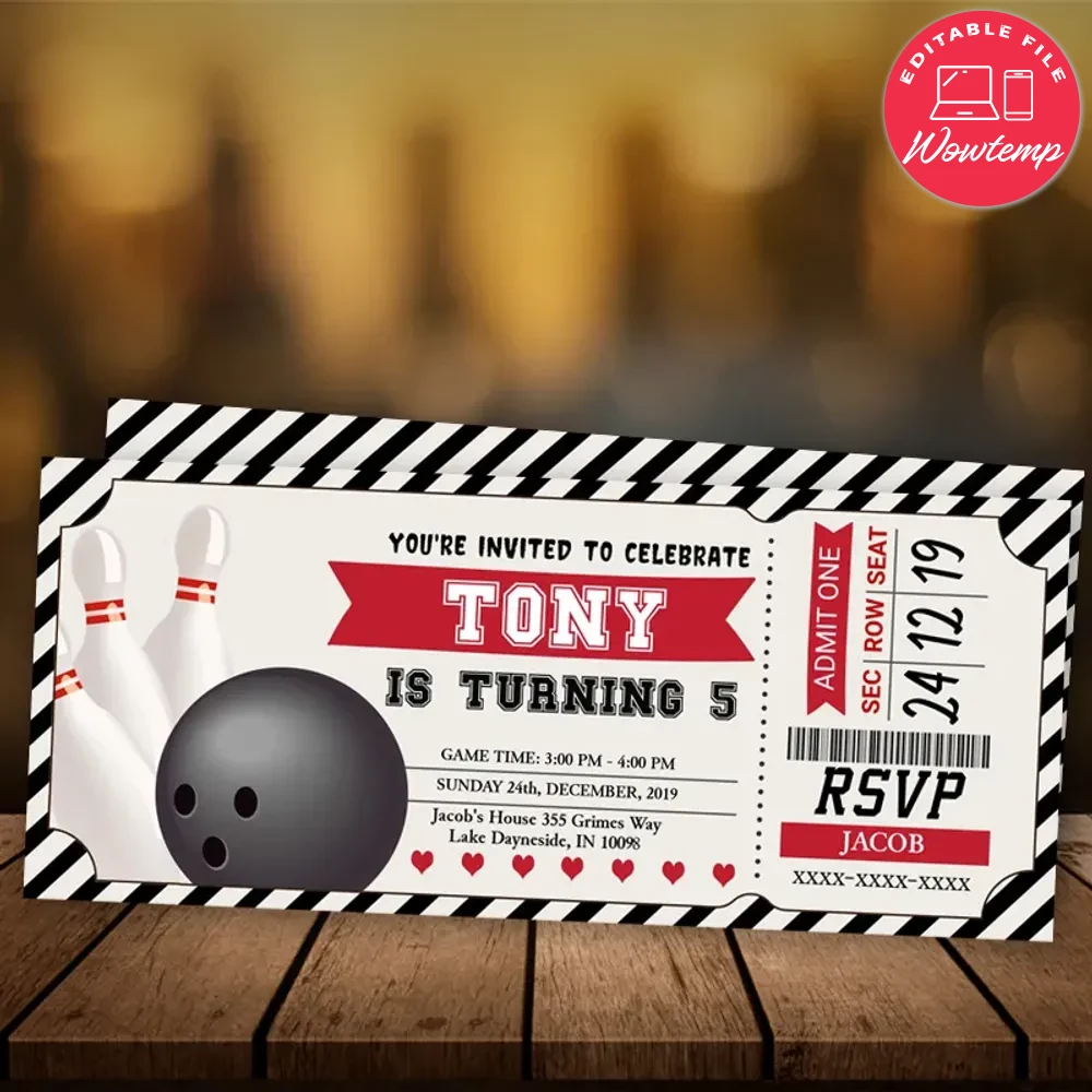 Editable Bowling Ticket Invitation Instant Download | Wowtemp