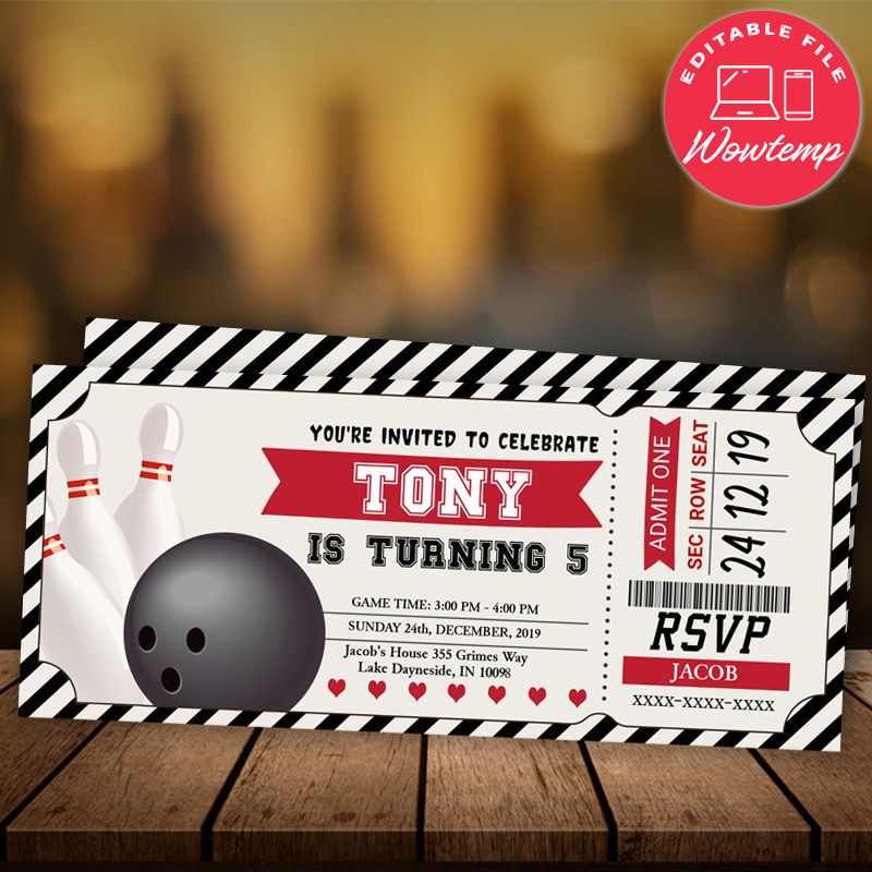 Editable Bowling Ticket Invitation Instant Download | Wowtemp