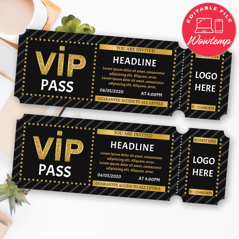 Printable Gold Vip Pass Admission Ticket Template DIY | Wowtemp