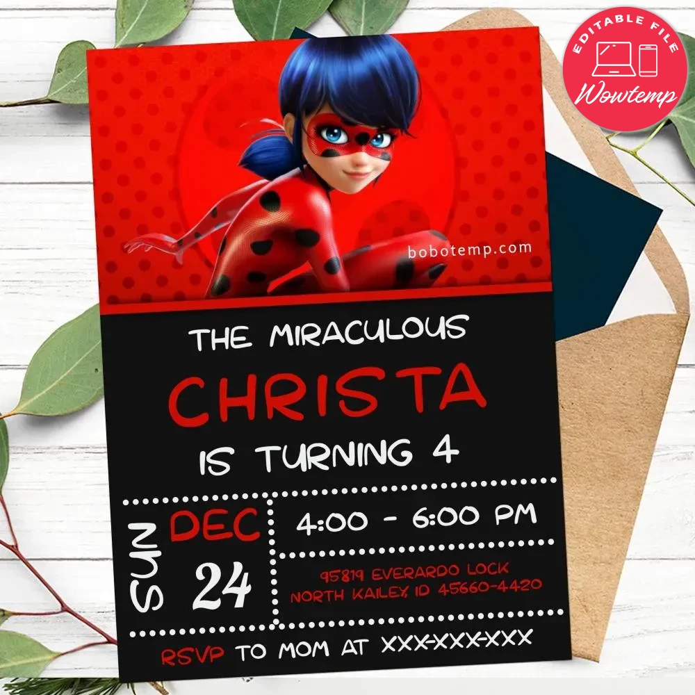 Editable Miraculous Ladybug Birthday Party Invitation DIY | Wowtemp