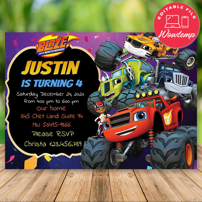Editable Blaze and the Monster Machine Party Invite DIY | Wowtemp