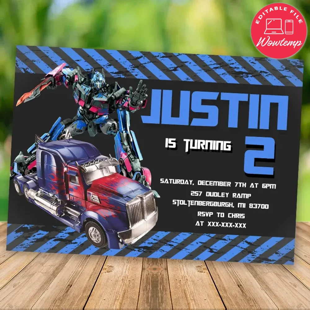 Editable Optimus Prime Transformers Party Invitation Digital File | Wowtemp