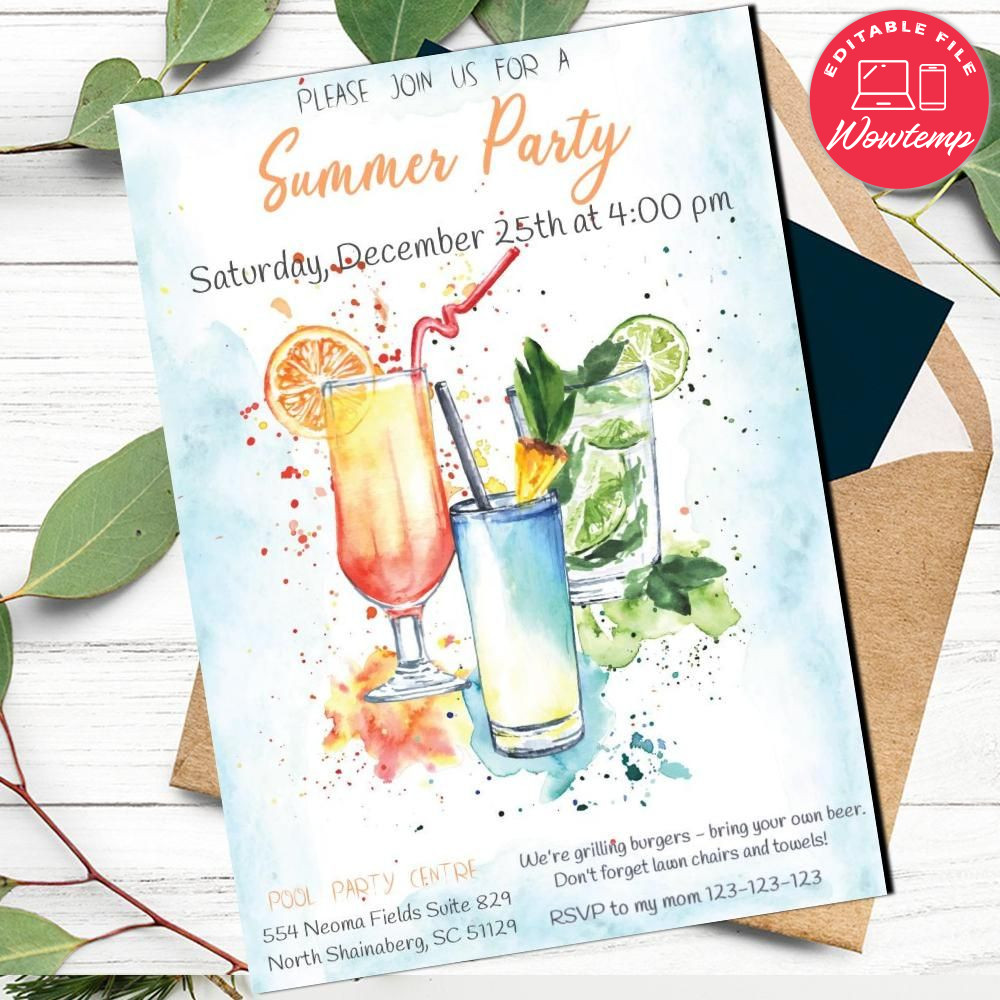 Editable Summer Cocktail Party Invitation Instant Download | Wowtemp