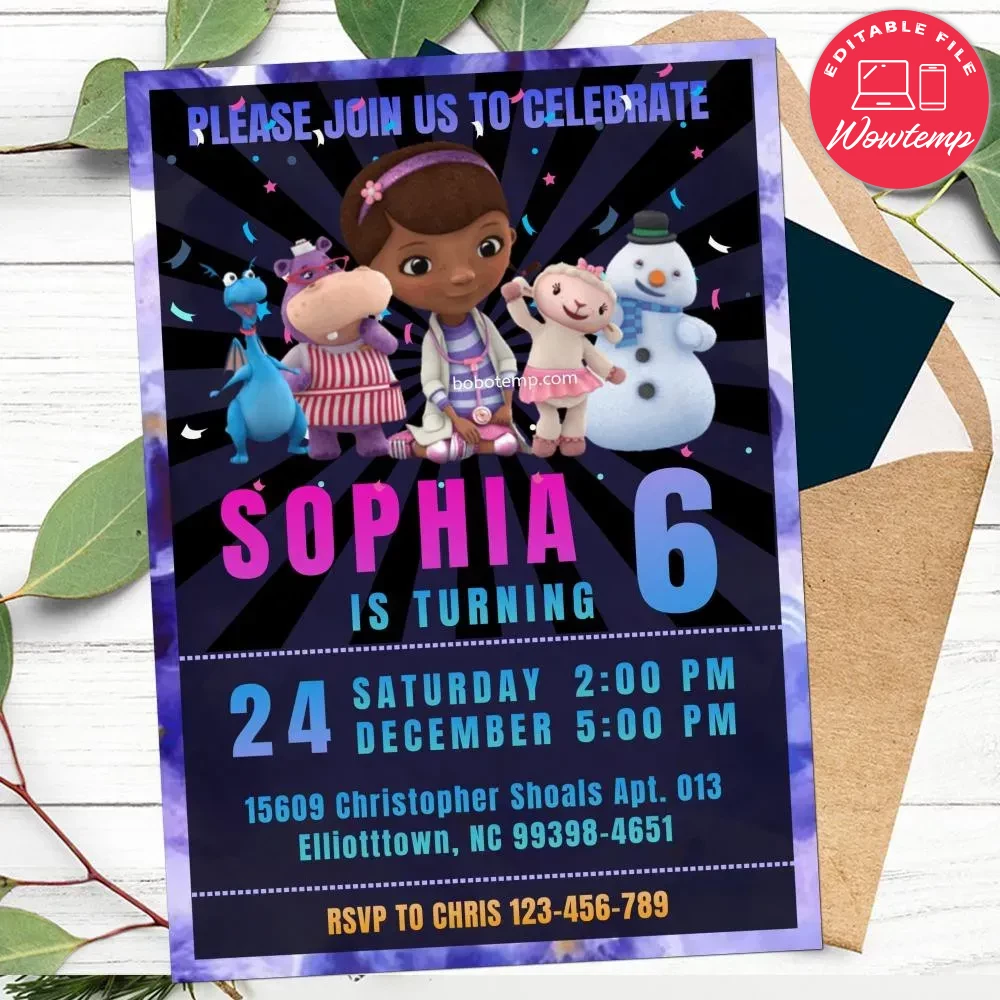 Editable Doc McStuffins Birthday Invitation Digital File | Wowtemp