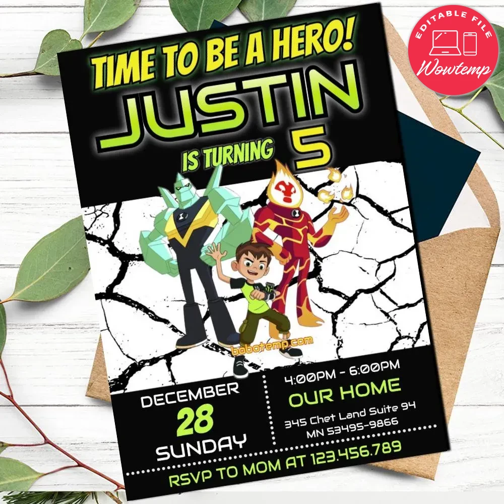 Editable Ben 10 Party Invitation Instant Download - Ben10 Invites | Wowtemp