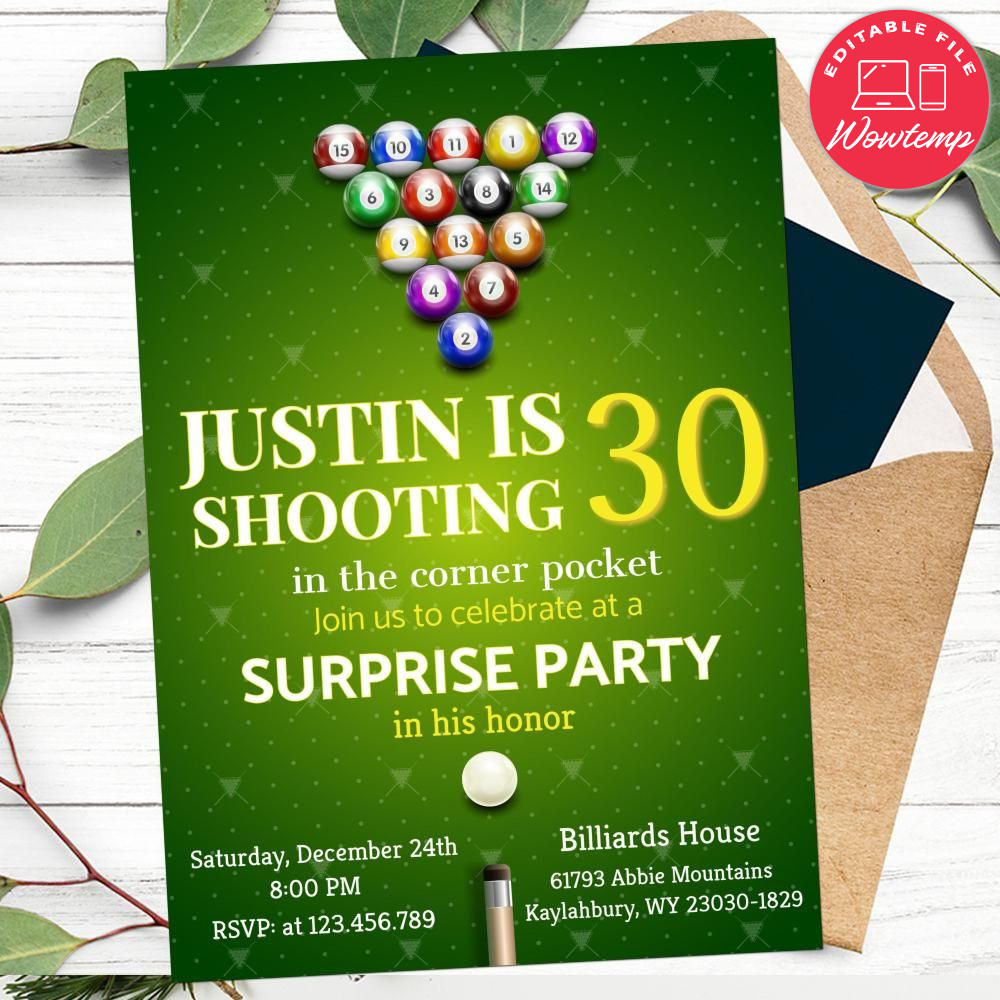 Editable Billiards Bachelor Party Invitation Digital File Wowtemp