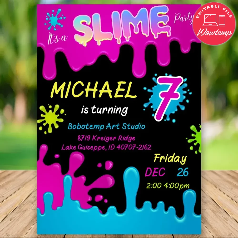 Editable Colorful Rainbow Slime Party Invitation Instant Download | Wowtemp