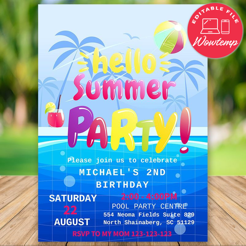 Editable Hello Summer Pool Party Birthday Invitations DIY | Wowtemp