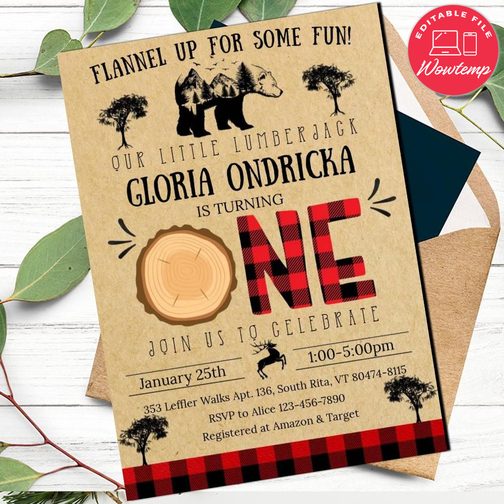 Editable Lumberjack First Birthday 2 Invitation | Wowtemp