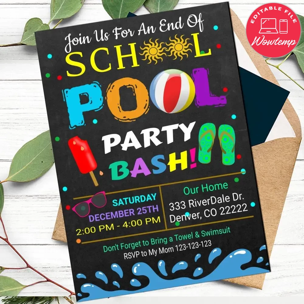 Editable End of School Summer Pool Party Invitation DIY | Wowtemp