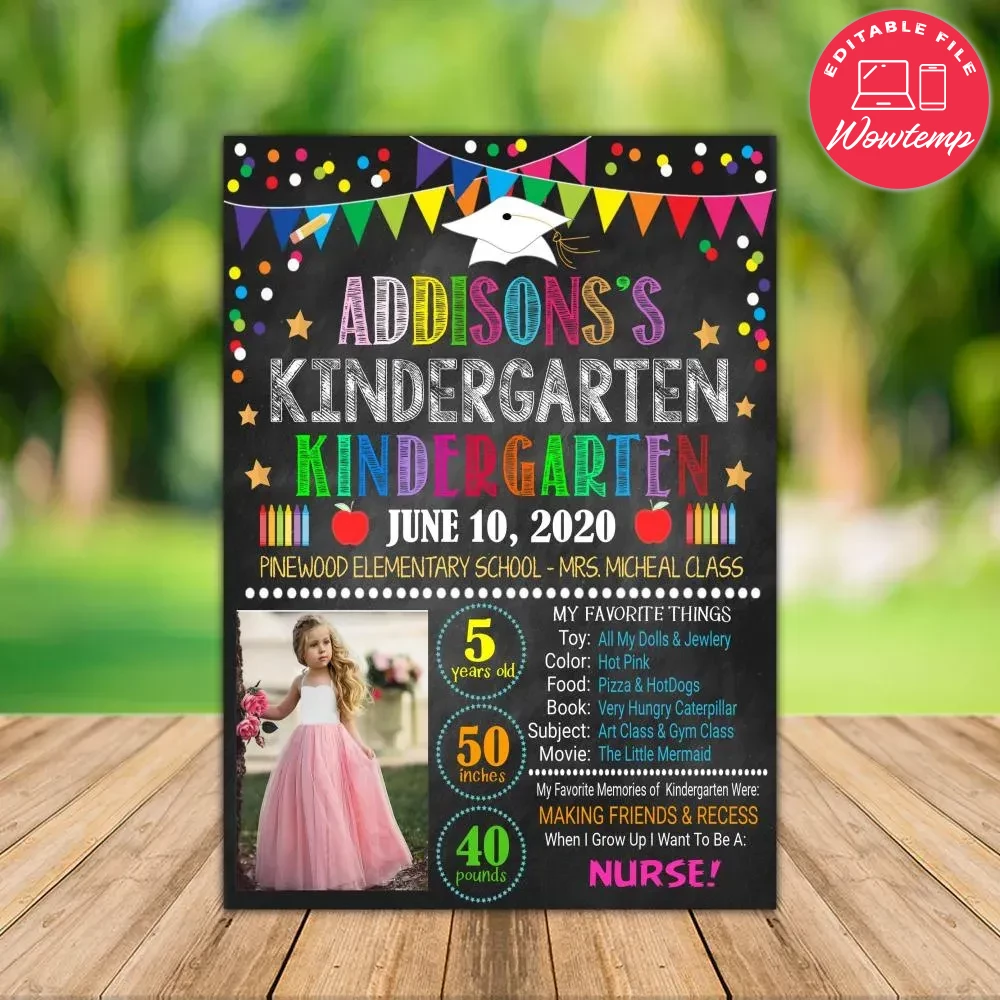 Editable Last Day of Kindergarten With Photo Chalkboard Poster In | Wowtemp
