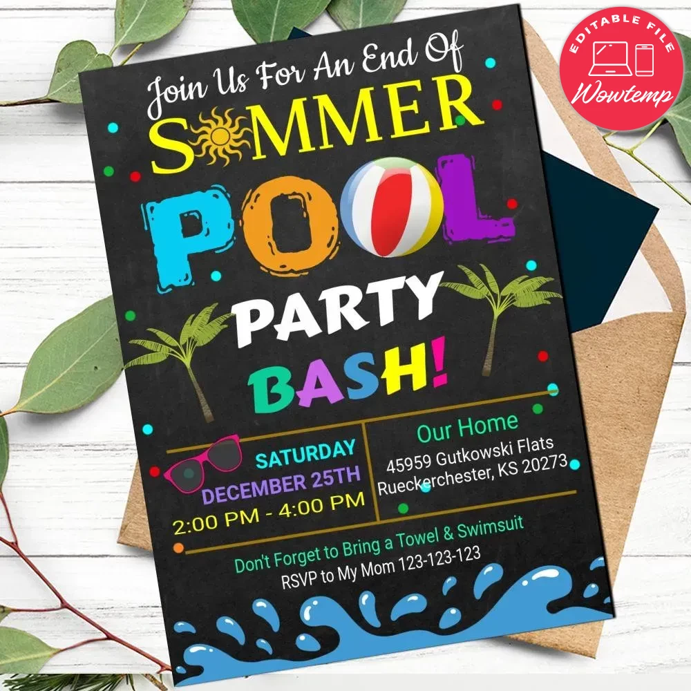 Editable Summer Pool Party Invitations Instant Download | Wowtemp