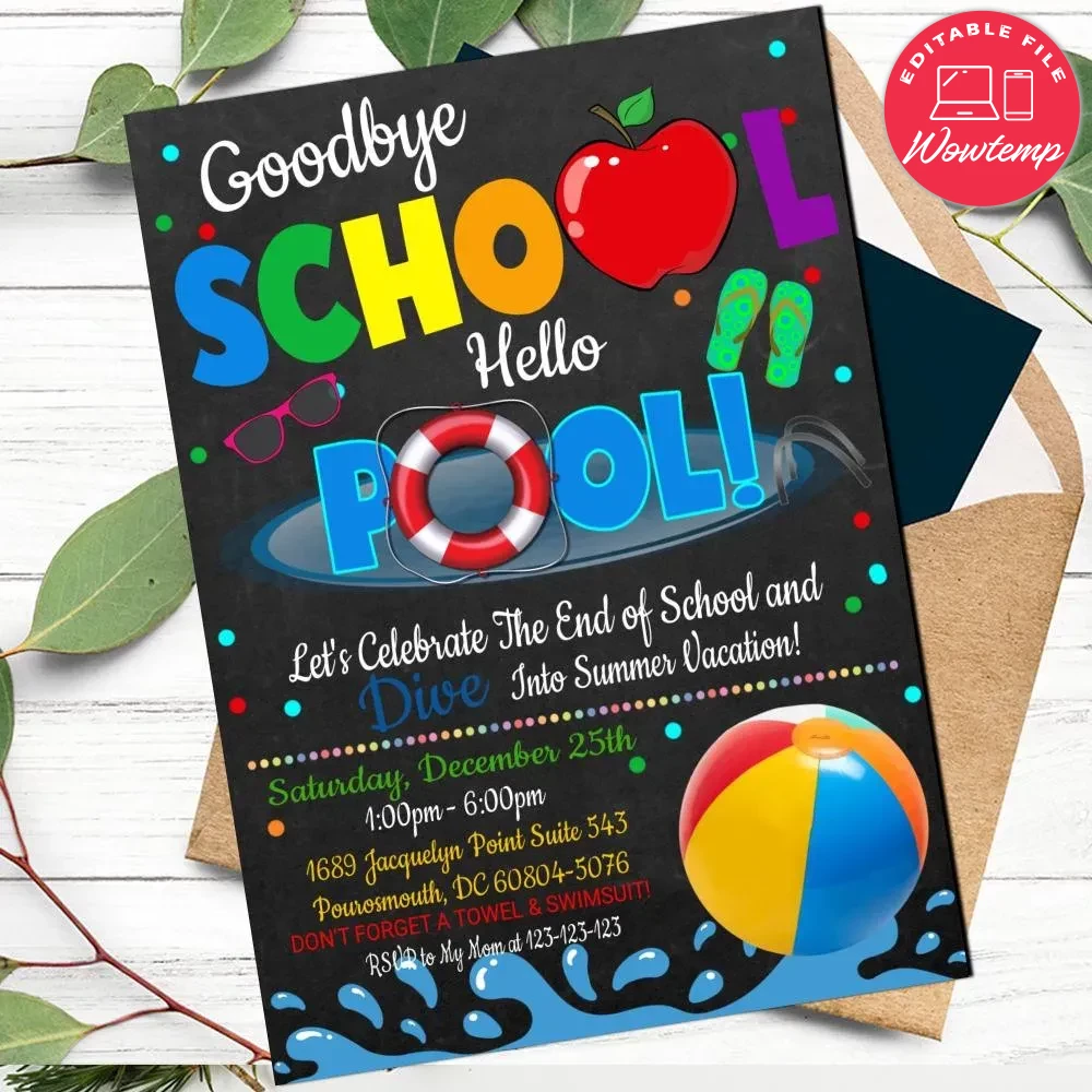 Editable Splish Splash Goodbye School Hello Pool Party Instant Do | Wowtemp