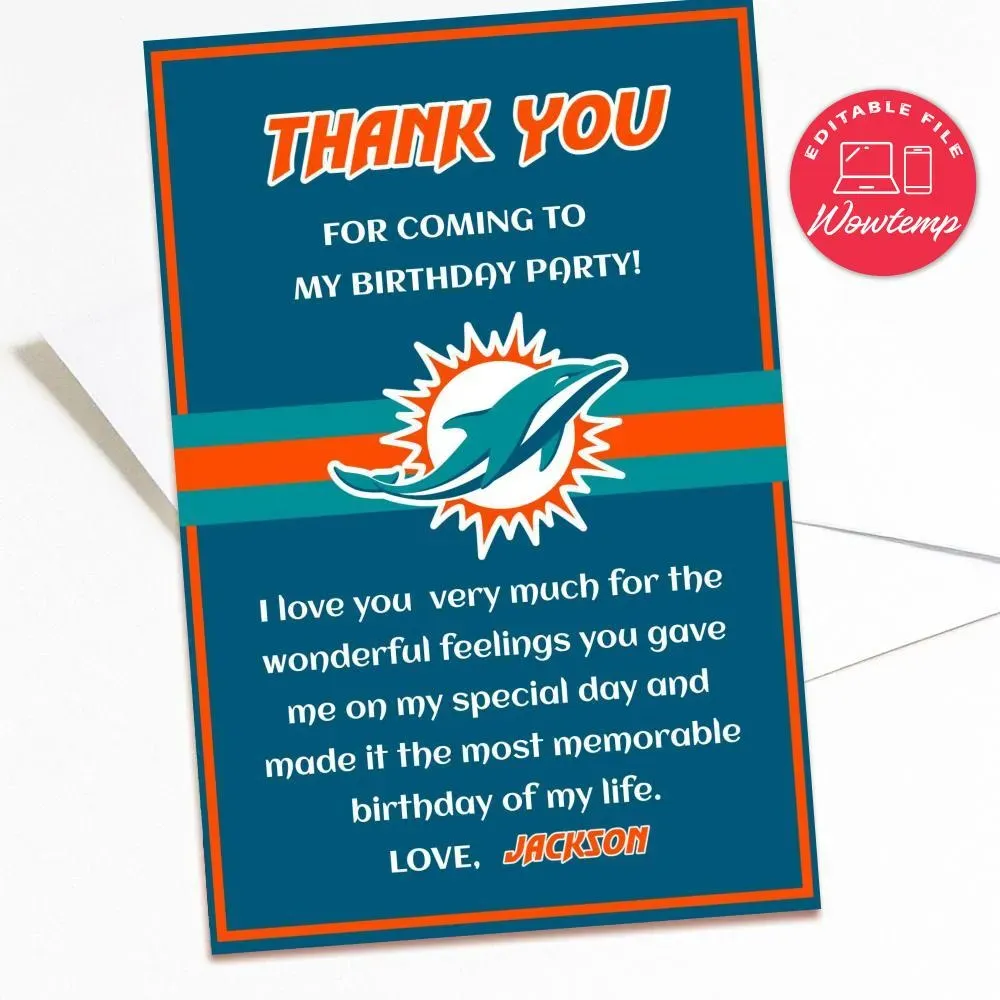 Miami Dolphins Thank you card Template to Print at Home | Wowtemp