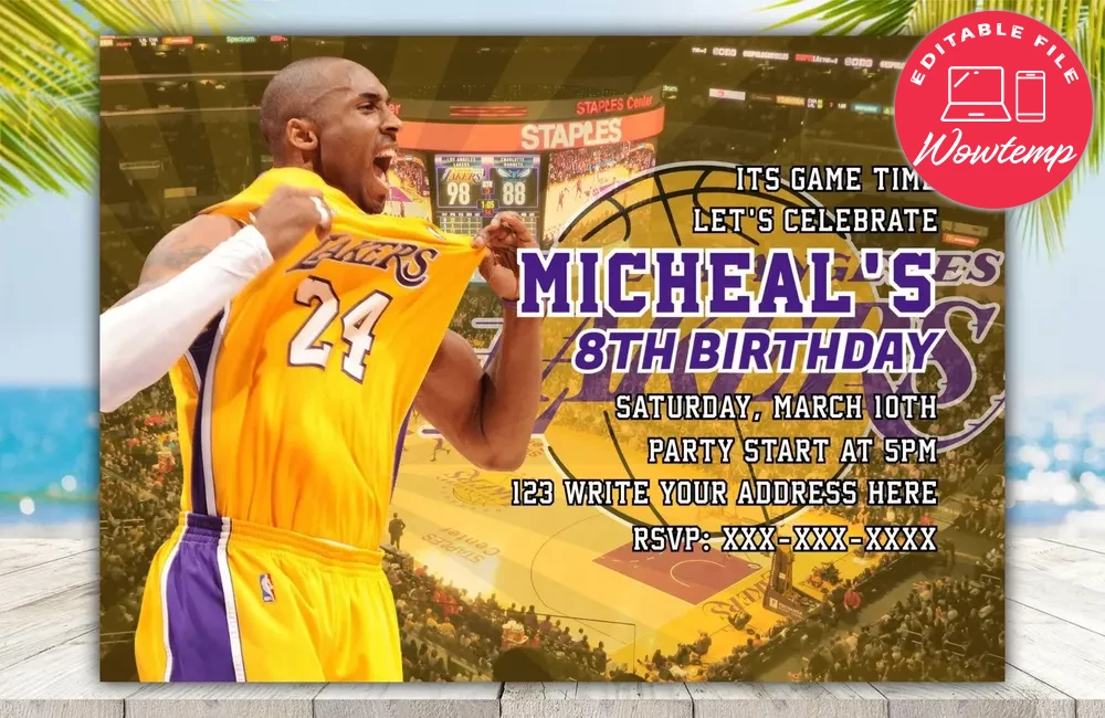 Editable Kobe Bryant Los Angeles Lakers Digital Party Invitations | Wowtemp