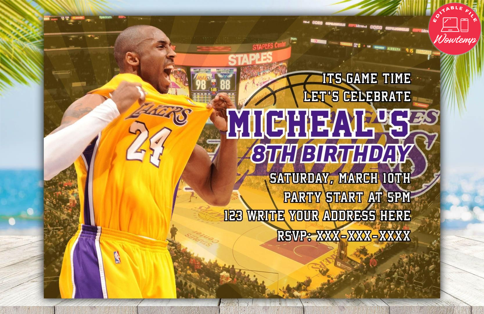 Editable Kobe Bryant Los Angeles Lakers Digital Party Invitations | Wowtemp
