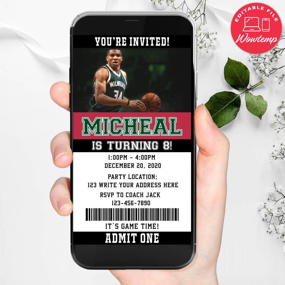 Electronic Milwaukee Bucks Electronic Invite Birthday Invitations DIY ...